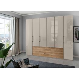 Kleiderschrank Wiemann "Metz" Schränke Gr. B/H/T: 295,3 cm x 216 cm x 58 cm, 6 St., beige (champagner, glas champagner, bianco, eiche, nachbildung, griffe: schiefer) Drehtürenschrank Kleiderschrank hochwertige Glasfront inkl. Schubkästen im Holzfarbton