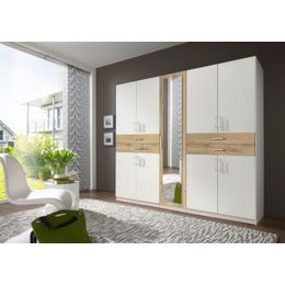 Drehtürenschrank wimex "Taiga Kleiderschrank mit Spiegel OTTOs Choice Topseller" Schränke Gr. B/H/T: 225 cm x 210 cm x 58 cm, 9 St., weiß (weiß, plankeneichefarben) mit Schubladen auf bequemer Höhe, TOPSELLER