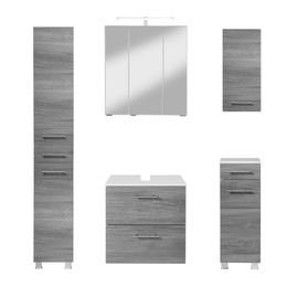 Badmöbel-Set Welltime ""Trento", Badezimmer-Set, Hängeschrank, Unterschrank, Hochschrank" Kastenmöbel-Sets Gr. B/H/T: 120 cm x 200 cm x 35 cm, silberfarben (eiche rauchsilber) Waschbeckenunterschrank, Spiegelschrank inkl. Aufbauleuchte