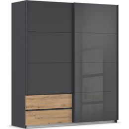 Schwebetürenschrank Rauch "Kleiderschrank Schrank Garderobe ELARA Glastür/Grauspiegel" Schränke Gr. B/H/T: 181 cm x 210 cm x 62 cm, 2 St., grau (graumetallic, eiche artisan, glas basalt) praktische Schubladen optional farblich abgesetzt MADE IN GERMANY