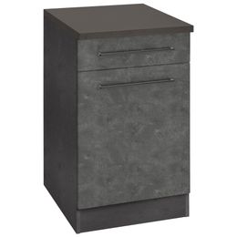 Unterschrank KOCHSTATION "KS-Tulsa", grau (betonfarben dunkel), B:50cm H:85cm T:60cm, Schränke, 50 cm breit, 1 Tür, 1 Schubkasten, schwarzer Metallgriff, MDF Front