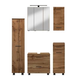 Badmöbel-Set Welltime ""Trento", Badezimmer-Set, Hängeschrank, Unterschrank, Midischrank" Kastenmöbel-Sets Gr. B/H/T: 120 cm x 200 cm x 35 cm, braun (wotaneiche, wotaneiche) Waschbeckenunterschrank, Spiegelschrank inkl. Aufbauleuchte