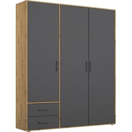 Drehtürenschrank Rauch "Kleiderschrank Schrank Garderobe Wäscheschrank VOYAGER" Schränke Gr. B/H/T: 140cm x 194cm x 53cm, 3 St., grau (eiche artisan/graumetallic) moderne Griffe in Graumetallic mit Außenschubkästen MADE IN GERMANY