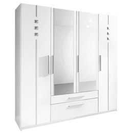 Kleiderschrank Priess, weiß, B:185cm H:193cm T:54cm, Holzwerkstoff, Schränke, 1-bis 5-türig, mit silberfarbigen Applikationen