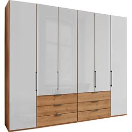 Falttürenschrank Wiemann "Monaco", braun (bianco, eiche, nachbildung, glas weiß), B:246,9cm H:236cm T:58cm, Holzwerkstoff, Floatglas, Schränke, Drehtürenschrank Kleiderschrank, Teil-Glasfront sowie hochwertige Beschläge inkl. Schubladendämpfung