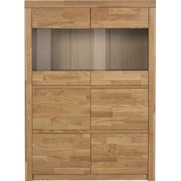 Highboard Home Affaire "Silkeborg" Sideboards Gr. B/H/T: 90 cm x 125 cm x 35 cm, Holzwerkstoff eichefarben (Korpus) / Massivholz Eiche (Front), braun (eiche teilmassiv) schöne grifflose Optik, teilmassiv