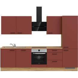 Küchenzeile Nobilia ""Easytouch premium"", rot (küche: front: lacklaminat rostrot ultramatt, korpus: eiche sierra nachbildung, arbeitsplatte: eiche sierra nachbildung, arbeitsplatte: eiche sierra nachbildung), B:300,3cm H:216,6cm T:60cm, Komplettküchen-Sets, vormontiert, Ausrichtung wählbar, Breite 300 cm, ohne E-Geräte