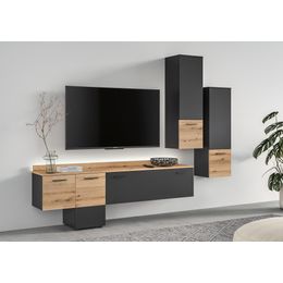 Wohnwand Inosign "Laport, Breite 247 cm, inkl. 1 Lowboard mit indirekter Beleuchtung &", grau (grau nachbildung, evoke oak nachbildung), B:247cm H:196cm T:37cm, Spanplatte, Kastenmöbel-Sets, 2 Hängeschränken, TV-Wand, TV-Möbel, Mediawand, Wohnkombination