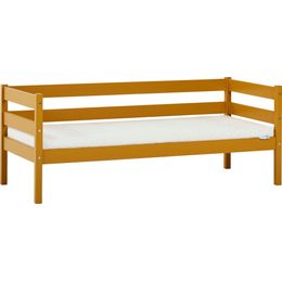 Einzelbett Hoppekids "ECO Comfort Kinderbett, Kiefer Massivholz, Jugendbett inkl. Rollrost" Betten Gr. Ohne Absturzsicherung, Liegefläche B/L: 70 cm x 160 cm Betthöhe: 65 cm, H2/H3, Komfortschaummatratze, gelb (herbstgelb) 70x160 cm, wahlweise in verschieden Farben Matratze Absturzsicherung