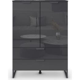 Hochkommode Rauch "Modern by Aditio" Sideboards Gr. B/H/T: 93 cm x 130 cm x 44 cm, 2 St., grau (graumetallic) mit Glasfront und Kufenfuß, 2 Schubladen Softclose-Funktion