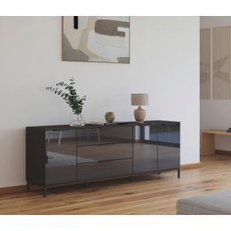 Kommode Rauch "Flipp" Sideboards Gr. B/H/T: 200 cm x 72 cm x 42 cm, 3 St., grau (graphit, glas basalt) 3-türig mit 3 Schubladen und Soft-Close-Funktion sowie Glasfront