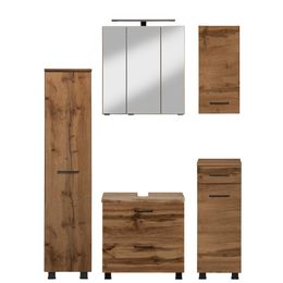 Badmöbel-Set Welltime ""Trento", Badezimmer-Set, Hängeschrank, Unterschrank, Midischrank" Kastenmöbel-Sets Gr. B/H/T: 120 cm x 200 cm x 35 cm, braun (wotaneiche, wotaneiche, baumkante) Waschbeckenunterschrank, Spiegelschrank inkl. Aufbauleuchte