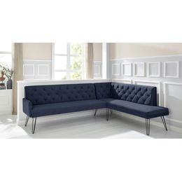 Eckbank exxpo - SOFA FASHION "Doppio, Chesterfield Optik, komfortabel und bequem, hohe Designfüße" Sitzbänke Gr. B/H/T: 197cm x 90cm x 255cm, Samtvelours, langer Schenkel links, blau (navy) Frei im Raum stellbar