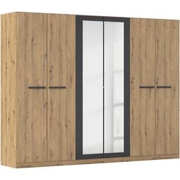 Drehtürenschrank Rauch "Kleiderschrank Schrank Garderobe Garderobenschrank Stauraumwunder MODI" Schränke Gr. B/H/T: 271 cm x 210 cm x 54 cm, Mit Spiegel, grau (eiche artisan, graumetallic) inkl. Stoff-Organizer mit 6 Fächern optionaler Spiegel MADE IN GERMANY