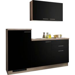 Küchenzeile KOCHSTATION ""KS-Kapro"" Komplettküchen-Sets Gr. B/H/T: 180cm x 87cm x 58cm, Küchenzeile, Kühlschrank links, schwarz (küche: schw/b.ei + korpus: bergeiche arbeitsplatte: bergeiche) vormontiert, mit E-Geräten, Stellbreite 180 cm