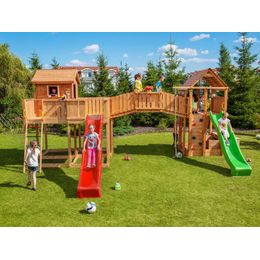 Spielturm Fungoo "MAXI SET JOYFUL CASTEL", rot (rot, grün), Spieltürme, KinderB:700cm H:305cm T:575cm, FSC-zertifizierter Massivholz, Metall, Polyethylen, mit Schaukel & Rutsche, Klettererweiterung, Spielhaus, Sandkasten, B:700cm H:305cm T:575cm