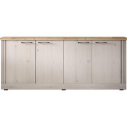 Sideboard Home Affaire "Country Breite 211 cm, Kommode mit 4 Türen, Anrichte im", beige (eiche meringa nb, eiche cadiz nb), B:211cm H:88cm T:44cm, Sideboards, Landhausstil, viel Stauraum, mit Metallgriffe, MDF Rahmen