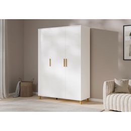 Drehtürenschrank Rauch "Kleiderschrank Schrank Garderobe Wäscheschrank SHINJO" Schränke Gr. B/H/T: 140cm x 203cm x 53cm, 3 St., weiß (alpinweiß) Griffe und Füße aus Massivholz, viel Stauraum MADE IN GERMANY