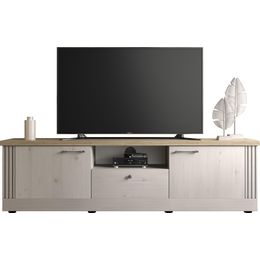 Lowboard Home Affaire "Country Breite 211 cm, TV-Board 2 Türen u. 1 Schubkasten, TV-Schrank", beige (eiche meringa nb, eiche cadiz nb), B:211cm H:58cm T:44cm, Sideboards, im Landhausstil, viel Strauraum, mit Metallgriffe, MDF Rahmen