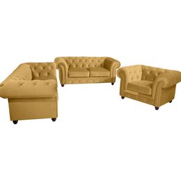 Polstergarnitur Max Winzer "Old England Chesterfield, hochwertig und elegant" Sitzmöbel-Sets Gr. H/T: 76cm x 96cm, Samtvelours 20442, gelb (mais) mit edler Knopfheftung, 3-tlg.