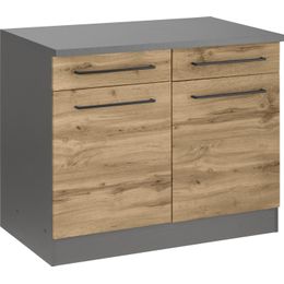 Unterschrank KOCHSTATION "KS-Tulsa", braun (wotaneiche), B:100cm H:85cm T:60cm, Schränke, 100 cm breit, 2 Schubkästen, 2 Türen, schwarzer Metallgriff, MDF Front