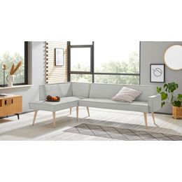 Eckbank exxpo - SOFA FASHION "Lungo, moderne Kedernaht, bequem und elegant, hoher Holzfuß" Sitzbänke Gr. B/H/T: 158cm x 84cm x 239cm, Veloursstoff, langer Schenkel rechts, beige (beige melange) hochwertige Detailverarbeitung, frei im Raum stellbar