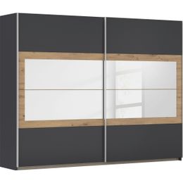 Schwebetürenschrank Rauch "Kleiderschrank Schrank Garderobe TARRAGONA in 3 Breiten" Schränke Gr. B/H/T: 271 cm x 210 cm x 62 cm, 2 St., grau (graumetallic, eiche artisan) Spiegelmitteltüren mit Rahmen in Absetzungsfarbe