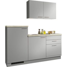 Küchenzeile KOCHSTATION ""KS-Kapro"" Komplettküchen-Sets Gr. B/H/T: 180 cm x 87 cm x 58 cm, Küchenzeile, Kühlschrank links, grau (küche: hgrau, bet, korpus: beton steinweiß, arbeitsplatte: steinweiß) vormontiert, mit E-Geräten, Stellbreite 180 cm