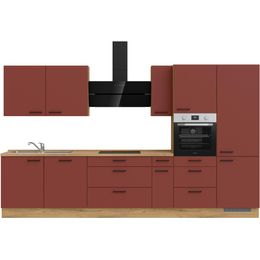 Küchenzeile Nobilia ""Easytouch premium"", rot (küche: front: lacklaminat rostrot ultramatt, korpus: eiche sierra nachbildung, arbeitsplatte: eiche sierra nachbildung, arbeitsplatte: eiche sierra nachbildung), B:360,3cm H:216,6cm T:60cm, Komplettküchen-Sets, vormontiert, Ausrichtung wählbar, Breite 360 cm, ohne E-Geräte