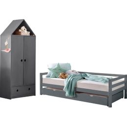 Lüttenhütt Jugendzimmer-Set LÜTTENHÜTT "Alpi" Schlafzimmermöbel-Sets grau Baby Daybed mit 2. Liegefläche + Kleiderschrank in Hausoptik, platzsparend