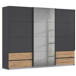 Schwebetürenschrank Rauch "Kleiderschrank Schrank Garderobe ELARA Glastür/Grauspiegel" Schränke Gr. B/H/T: 271 cm x 210 cm x 62 cm, 3 St., grau (graumetallic, eiche artisan, grauspiegel) praktische Schubladen optional farblich abgesetzt MADE IN GERMANY