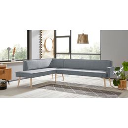 Eckbank exxpo - SOFA FASHION "Lungo, moderne Kedernaht, bequem und elegant, hoher Holzfuß" Sitzbänke Gr. B/H/T: 198 cm x 84 cm x 260 cm, Webstoff, langer Schenkel rechts, weiß (silver) hochwertige Detailverarbeitung, frei im Raum stellbar