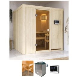 Karibu Sauna "Tromsö" Saunen mit Ofen 9 kW Bio mit ext. Strg. Gr. Bio-Ofen, externe Steuerung, 9 kW, beige (natur)