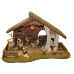 Krippe ALFRED KOLBE "Krippenstall mit Trafo", braun, B:50cm H:28cm T:30cm, Holz, Weihnachtskrippen, mit Laterne, Busch, Lagerfeuer, Holz, 11 cm Figuren 11tlg