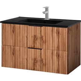 Waschtisch Welltime "Trento Badezimmerschrank mit Becken Bestseller" Waschtische Gr. Becken schwarz eckig, braun (wotaneiche rillenfront, wotaneiche) Badmöbel in Breite 80 cm , Waschplatz mit 2 Schubladen, Badschrank