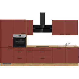 Küchenzeile Nobilia ""Easytouch premium"", rot (küche: front: lacklaminat rostrot ultramatt, korpus: eiche sierra nachbildung, arbeitsplatte: eiche sierra nachbildung, arbeitsplatte: eiche sierra nachbildung), B:360,3cm H:216,6cm T:60cm, Komplettküchen-Sets, vormontiert, Ausrichtung wählbar, Breite 360 cm, ohne E-Geräte