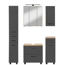 Badmöbel-Set Welltime ""Trento", Badezimmer-Set, Hängeschrank, Unterschrank, Hochschrank" Kastenmöbel-Sets Gr. B/H/T: 120 cm x 200 cm x 35 cm, grau (matt grau, wotaneiche) Waschbeckenunterschrank, Spiegelschrank inkl. Aufbauleuchte