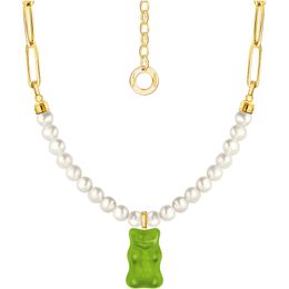 Kette mit Anhänger Thomas Sabo "THOMAS x HARIBO Schmuck: Gliedercollier Goldbär" Halsketten Gr. 45, Silber 925 (Sterlingsilber)-Perlen, bunt (gelbgoldfarben-grün-weiß) Damen mit Kristallglas - Süßwasserzuchtperle