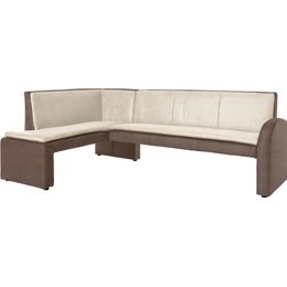 Eckbank exxpo - SOFA FASHION "Cortado, elegant und modern mit hohem Sitzkomfort" Sitzbänke Gr. B/H/T: 157cm x 89cm x 244cm, Kunstleder, langer Schenkel rechts, braun (braun/creme) hohe Bodenfreiheit, schöne Detailverarbeitung, wahlweise Lederbezug