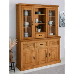 Buffet Home Affaire "Selma", beige (natur gebeizt, gewachst), B:145cm H:192cm T:38cm, Massivholz, MDF, Glas, Schränke, aus massivem Kiefernholz, mit Griffen aus antikisiertem Metall