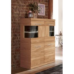 Highboard Home Affaire "Ribe" Sideboards Gr. B/H/T: 85 cm x 115 cm x 35 cm, Holzwerkstoff eichefarben (Korpus) / Massivholz Eiche (Front), braun (eiche teilmassiv) Breite 85 cm