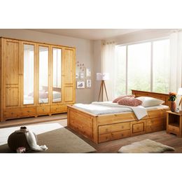 Schlafzimmer-Set Home Affaire "Hugo" Schlafzimmermöbel-Sets Gr. B/H: 180 cm x 200 cm, beige (natur geölt) Bett 180x200 cm, 5-trg Kleiderschrank und 2 Nachttische