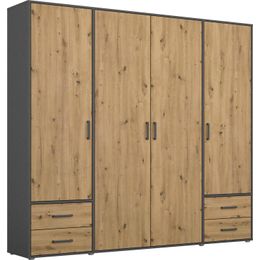 Drehtürenschrank Rauch "Kleiderschrank Schrank Garderobe Wäscheschrank VOYAGER" Schränke Gr. B/H/T: 187 cm x 194 cm x 53 cm, 4 St., grau (graumetallic, eiche artisan) moderne Griffe in Graumetallic mit Außenschubkästen MADE IN GERMANY