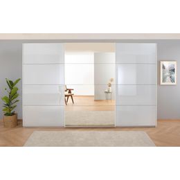 Schwebetürenschrank Rauch "Kleiderschrank Schrank Garderobe KOLUNA mit Glastüren und Spiegel" Schränke Gr. B/H/T: 360 cm x 210 cm x 62 cm, 3 St., weiß (alpinweiß, glas kristallweiß) inkl. 2 Innenschubladen sowie extra Einlegeböden MADE IN GERMANY