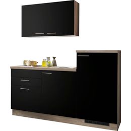 Küchenzeile KOCHSTATION ""KS-Kapro"" Komplettküchen-Sets Gr. B/H/T: 180 cm x 87 cm x 58 cm, Küchenzeile, Kühlschrank rechts, schwarz (küche: schw, b.ei, korpus: bergeiche, arbeitsplatte: bergeiche) vormontiert, mit E-Geräten, Stellbreite 180 cm