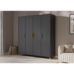 Drehtürenschrank Rauch "Kleiderschrank Schrank Garderobe Wäscheschrank SHINJO" Schränke Gr. B/H/T: 187cm x 203cm x 53cm, 4 St., grau (graumetallic) Griffe und Füße aus Massivholz, viel Stauraum MADE IN GERMANY