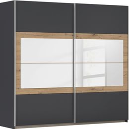 Schwebetürenschrank Rauch "Kleiderschrank Schrank Garderobe TARRAGONA in 3 Breiten" Schränke Gr. B/H/T: 226 cm x 210 cm x 62 cm, 2 St., grau (graumetallic, eiche artisan) Spiegelmitteltüren mit Rahmen in Absetzungsfarbe