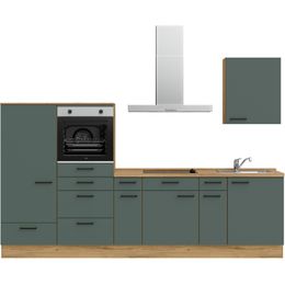 Küchenzeile Nobilia ""Easytouch basic"", grün (küche: front: lacklaminat mineralgrün ultramatt, korpus: eiche sierra nachbildung, arbeitsplatte: eiche sierra nachbildung, arbeitsplatte: eiche sierra nachbildung), B:300,3cm H:216,6cm T:60cm, Komplettküchen-Sets, vormontiert, Ausrichtung wählbar, Breite 300 cm, ohne E-Geräte