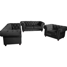 Polstergarnitur Max Winzer "Old England Chesterfield, hochwertig und elegant" Sitzmöbel-Sets Gr. H/T: 76cm x 96cm, Samtvelours 20442, schwarz mit edler Knopfheftung, 3-tlg.