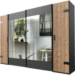 Schwebetürenschrank wimex "Stockholm, Schlafzimmerschrank mit Industrial-Look, rustikale Optik", grau (graphitfarben, edeltannenfarben), B:225cm H:210cm T:65cm, Holzwerkstoff, Schränke, Kleiderschrank mit Spiegel BESTSELLER Schrank Garderobe